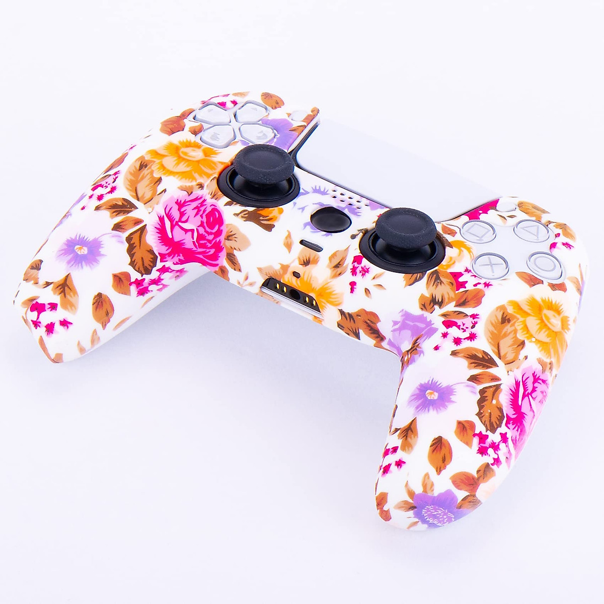 YoRHa Water Transfer Printing Silicone Thickened Cover Skin Case for PS5 Controller x 1(Flowers) with Thumb Grips x 10
