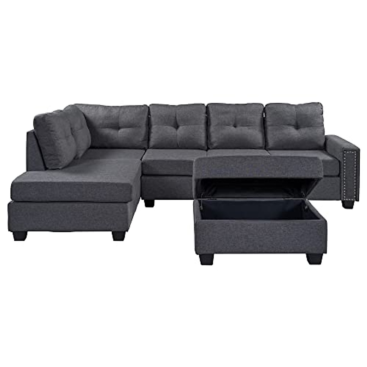 UBGO Living Room Furniture Sets,108" Reversible Sectional, L-shape Couch with Ottoman&Extra Wide Chaise Longue,Upholstered Modular Sofa with Two Cup Holders,for Large Space Apartments-Gray, Grey D