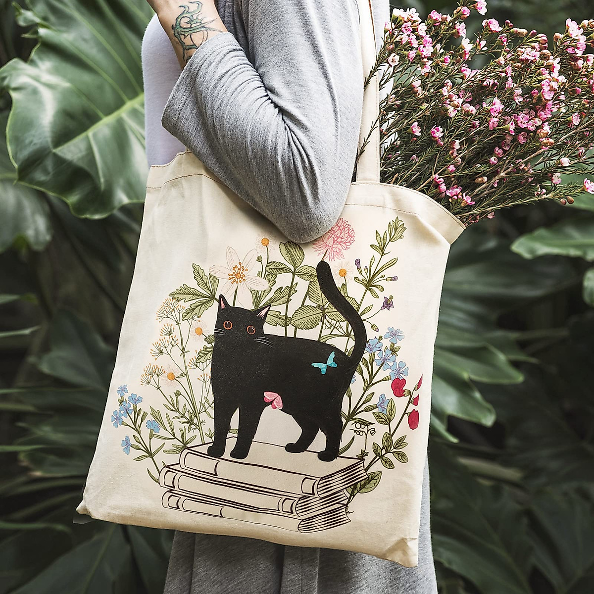 Oudain 4 Pcs Cat Tote Bag for Women Floral Book Space Mushroom Canvas Tote Bag Bulk Cute Aesthetic Library Shoulder Tote Bag (Cat)