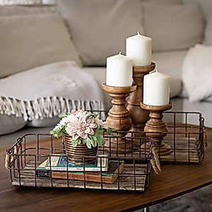 Stonebriar Stackable 2pc Rectangle Metal Wire and Wood Basket Set with Rope Wrapped Handles, Rustic Decor for Home Storage, Decorative Serving Baskets for Weddings, Birthdays, and Holiday Parties