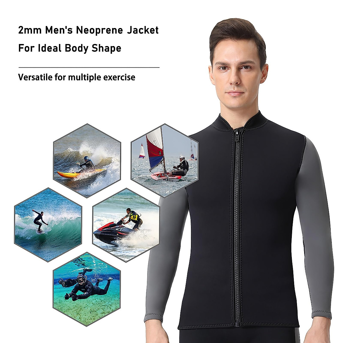 REALON Wetsuits Top Jacket Women Men 2mm Neoprene Long Sleeve Shirt 3mm Front Zipper Vest Wet Suit Keep Warm for Adult Youth Kids Diving Surf Swim Water Sports