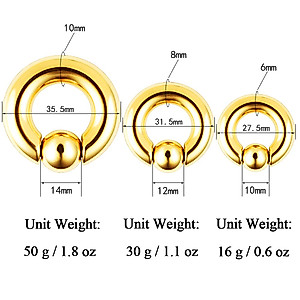 Casvort 2 PCS Gold Stainless Steel Piercing Captive Hoop Rings Tragus Ear Tunnels Ear Hanger Weight Gauges Body Jewelry 00g