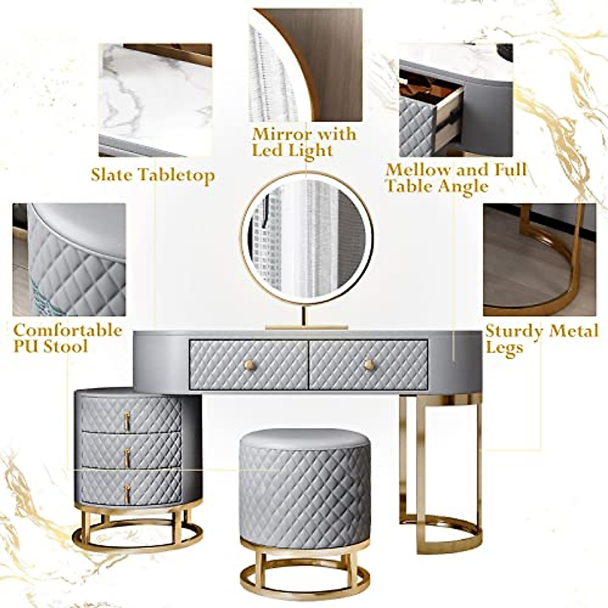 FUKAYI Dresser Table Women Vanity Makeup Table Set Makeup with 5 Drawers Dressing Table with Lighted Mirror and Chair Vanity Benches Desk for Her, Grey