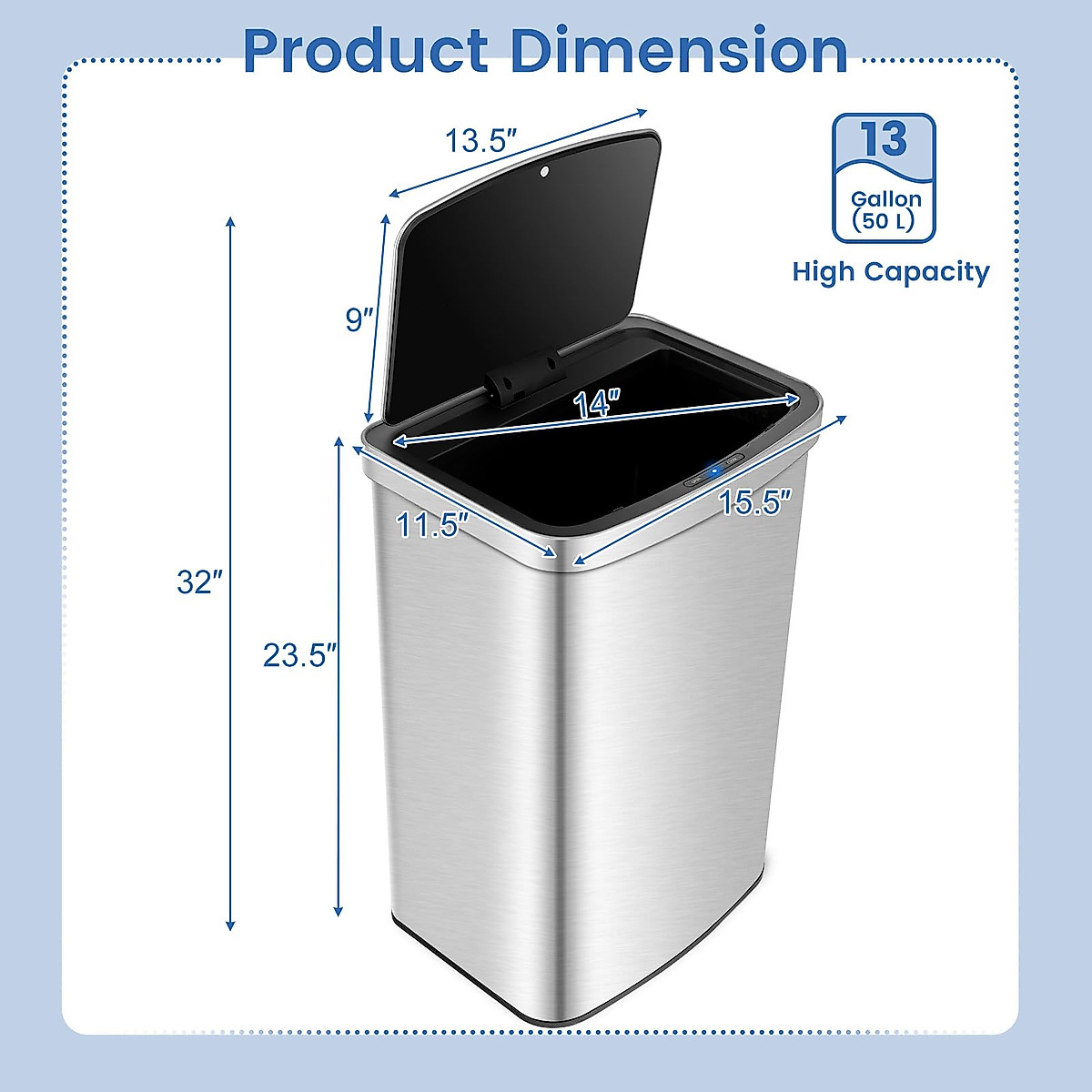 S AFSTAR Automatic Trash Can, 13 Gallons Stainless Steel Garbage Can Trash Bin with Quick & Soft Close Lid, Deodorizer Compartment, Touchless Motion Sensor Trash Can for Kitchen Bathroom Office