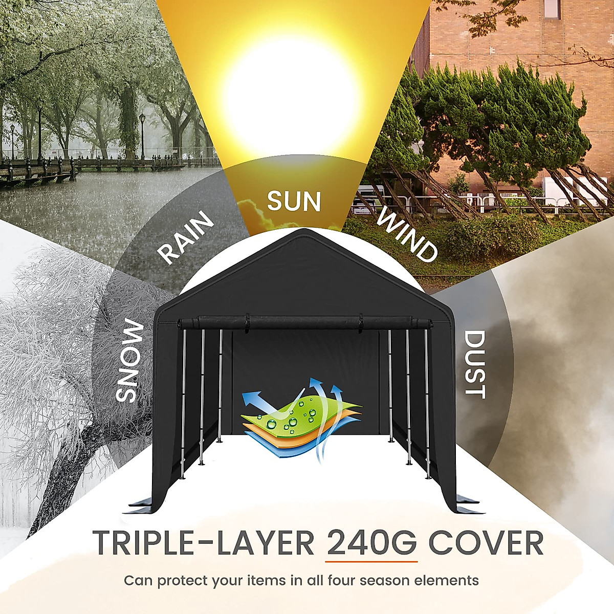 Outdoor Carport Canopy，8x14 ft Heavy Duty Canopy Shed,Metal Frame Storage She with Waterproof, UV Resistant Cover, 2 Rollup Zipper Doors for Backyard, Garden can Store Motorcycle, Garden Tools