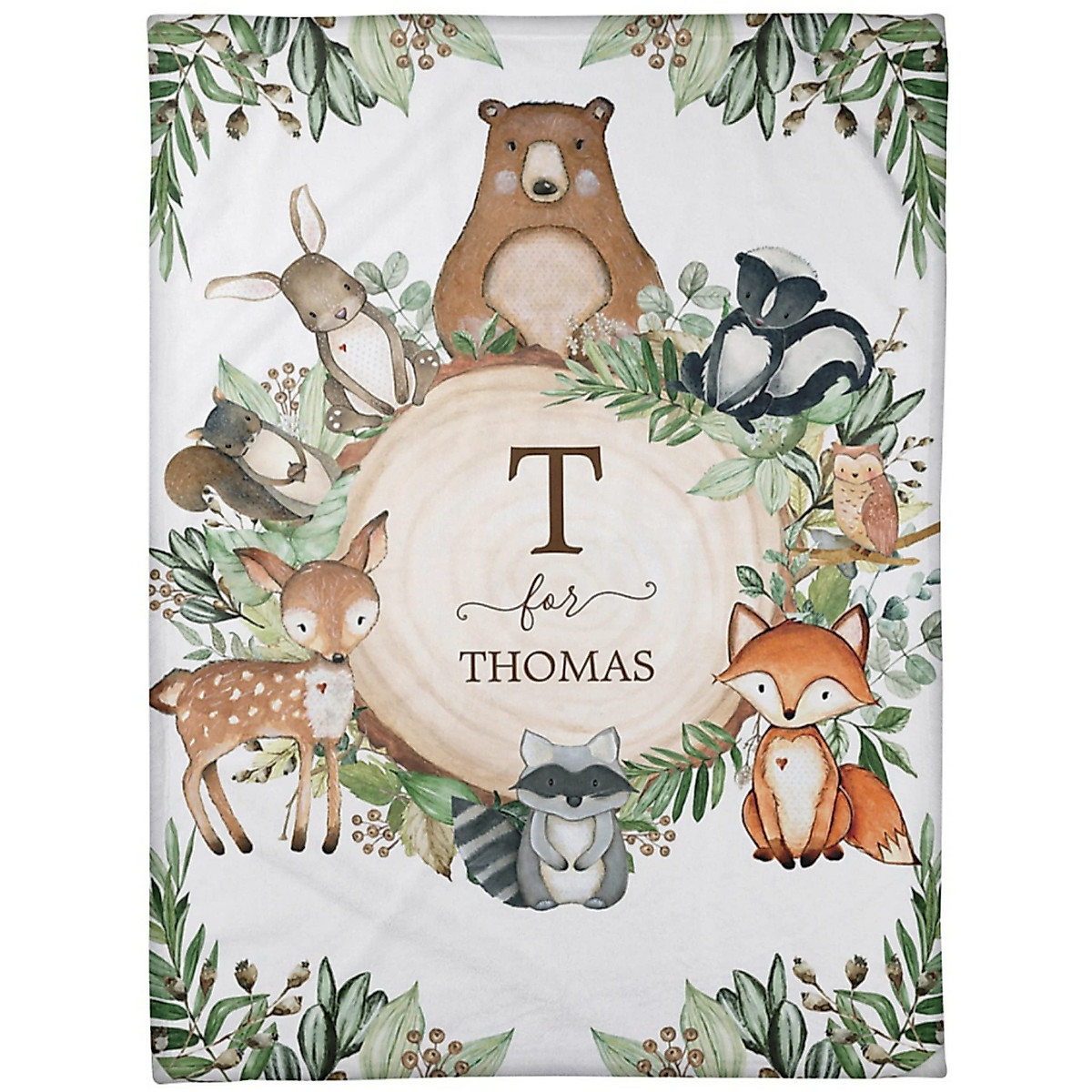NAZENTI Woodland Blanket, Personalized Baby Girl Blanket, Rustic Botanical Woodland Baby Animals Monogram Baby Blanket, Baby Boy Blanket, (30x40, 50x60, 60x80 Inches)