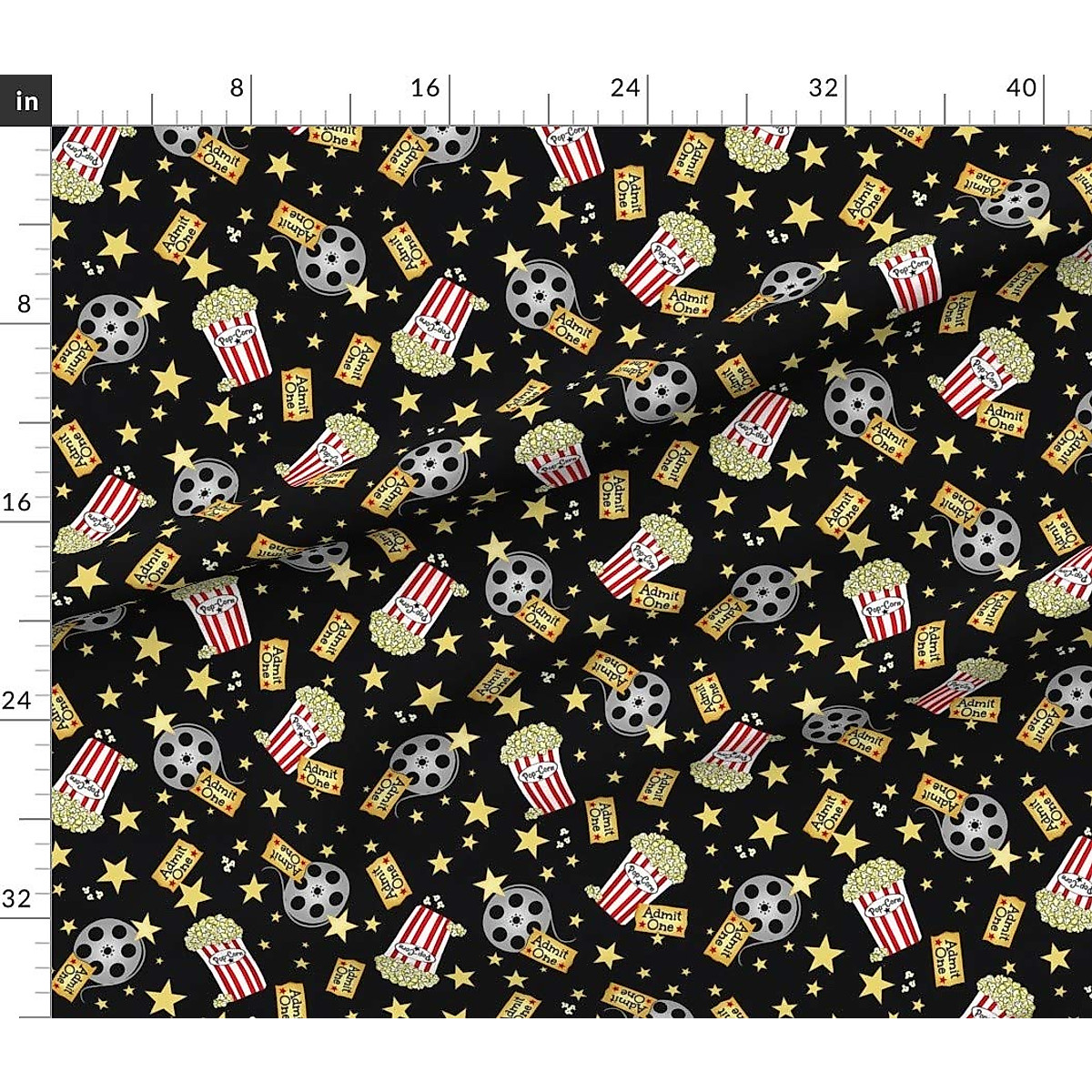 Spoonflower Fabric - VIP Night Theater Popcorn Black Yellow Stars Red Gold Novelty Printed on Petal Signature Cotton Fabric Fat Quarter - Sewing Quilting Apparel Crafts Decor