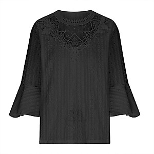 Womens Tops 3/4 Length Sleeve Solid Color Lace Patchwork Tee Blouse Crewneck Empire Waist Dressy Casual Tunics Womens Long Sleeve Tops Casual Black M
