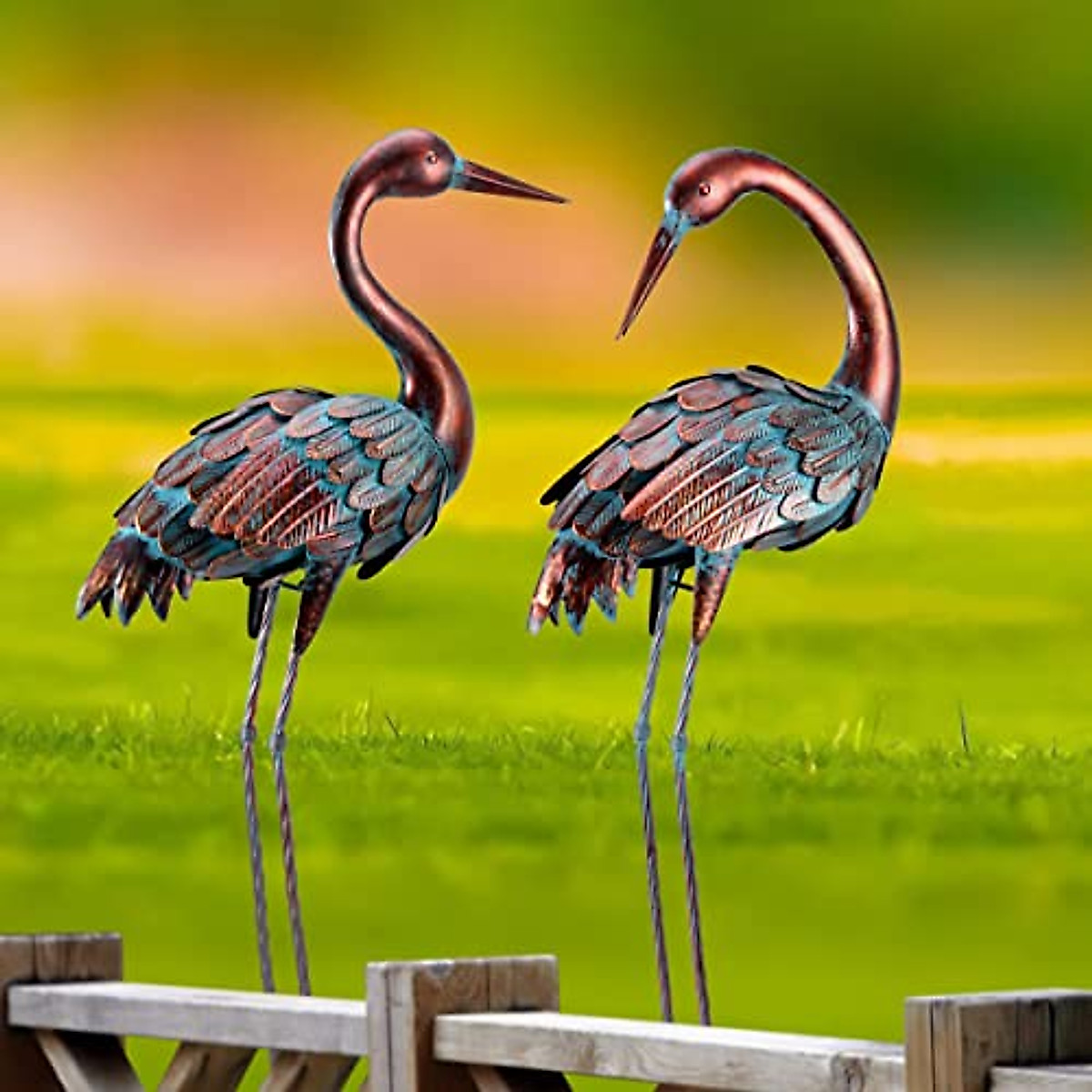 chisheen Crane Garden Statues Outdoor Metal Heron Yard Art Bird Sculpture for Lawn Patio Large Size, Set of 2