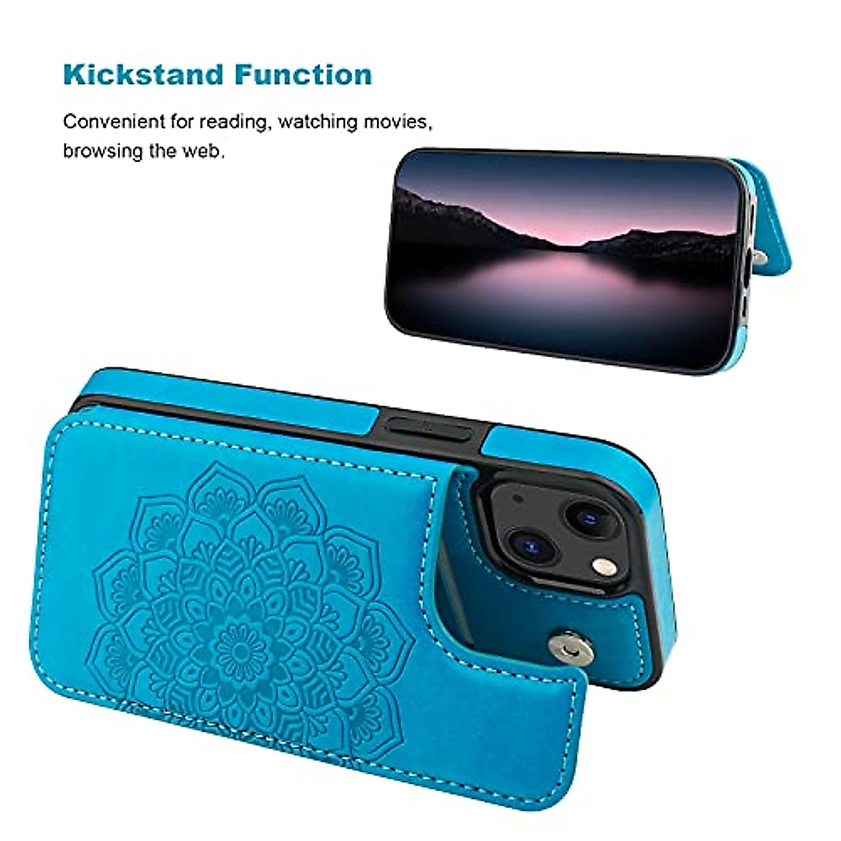 Vaburs Compatible with iPhone 13 Mini Case Wallet with Card Holder, Embossed Mandala Pattern Flower PU Leather Double Buttons Flip Shockproof Cover for Magnetic Car Mount 5.4 Inch (Blue)