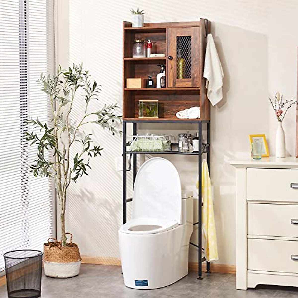 Labonida Over The Toilet Storage Cabinet - 5-Tier Freestanding Bathroom Organizer - Retro Space Saver Toilet Shelf - Multi-Function Display Shelves with Door