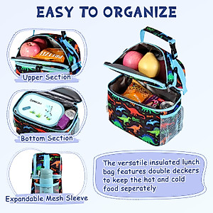 VASCHY Lunch Box Bag for Kids, Insulated Double Compartments Cooler Lunch Tote for Toddlers Boys Girls School/Daycare/Picnic Black Dinos