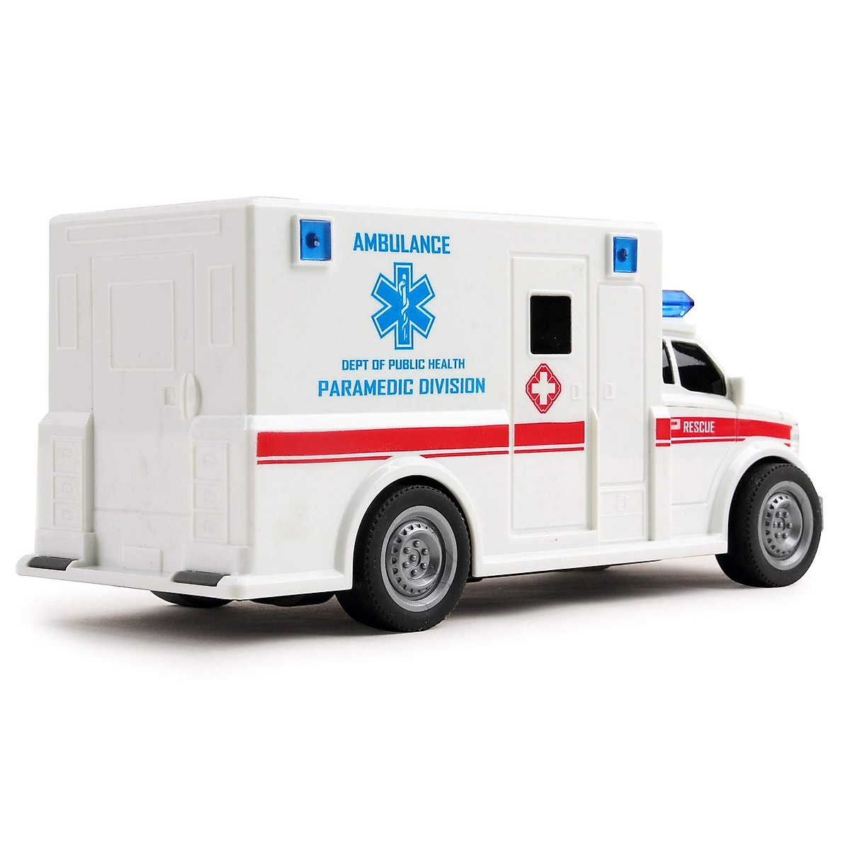 Vokodo Rescue Ambulance Friction Powered 1:20 Scale Toy Car with Lights and Sounds Durable Kids Medical Transport Emergency Vehicle Push and Go Pretend Play Van Great Gift for Children Boys Girls