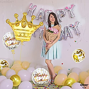 KatchOn, Gold Happy Birthday Balloon Set - 30 Inch, Pack of 7 | Crown Balloons Gold, Gold Confetti Balloons for Birthday Party | Gold Happy Birthday Printed Balloons, Queen Birthday Party Decorations