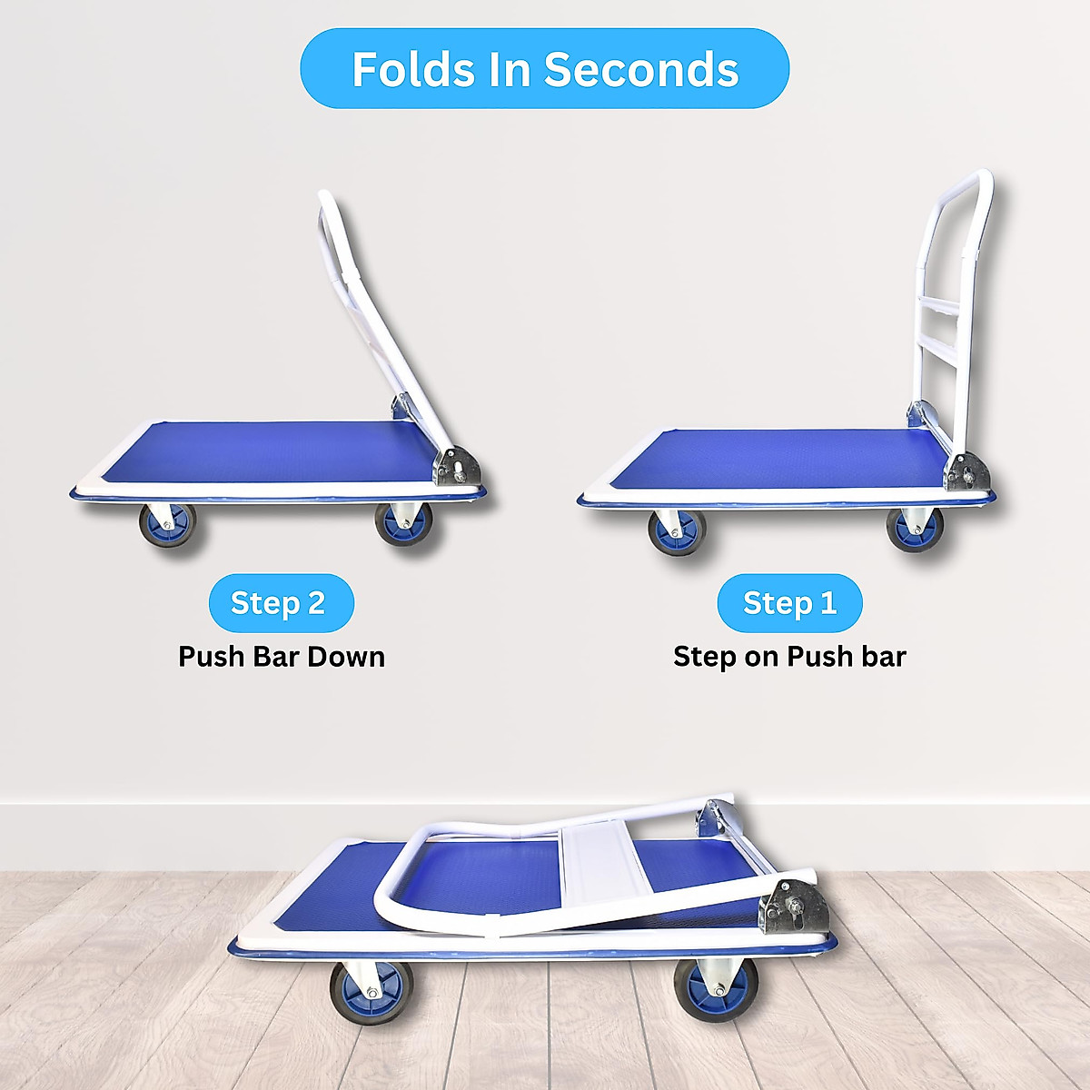 Ironbar 500 LBS Platform Dolly Cart Folding 34.25 in x 24 in PU Wheels Utility Push Cart for Home Garden Warehouse Work Office Travel