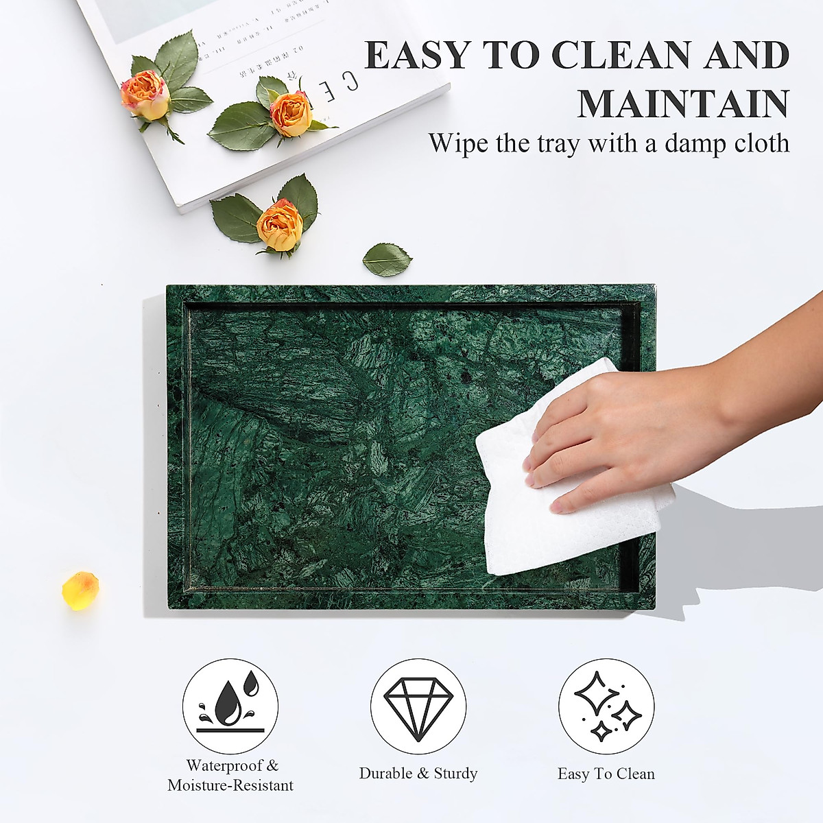 YMXYJM 100% Natural Marble Tray for Bathroom, Genuine Marble Stone Vanity Tray, Luxury Storage Trays for Kitchen, Vanity, Home Decor, Dresser, Non-Resin/Non-Ceramic, 12"x 8"x 1.2", Dark Green