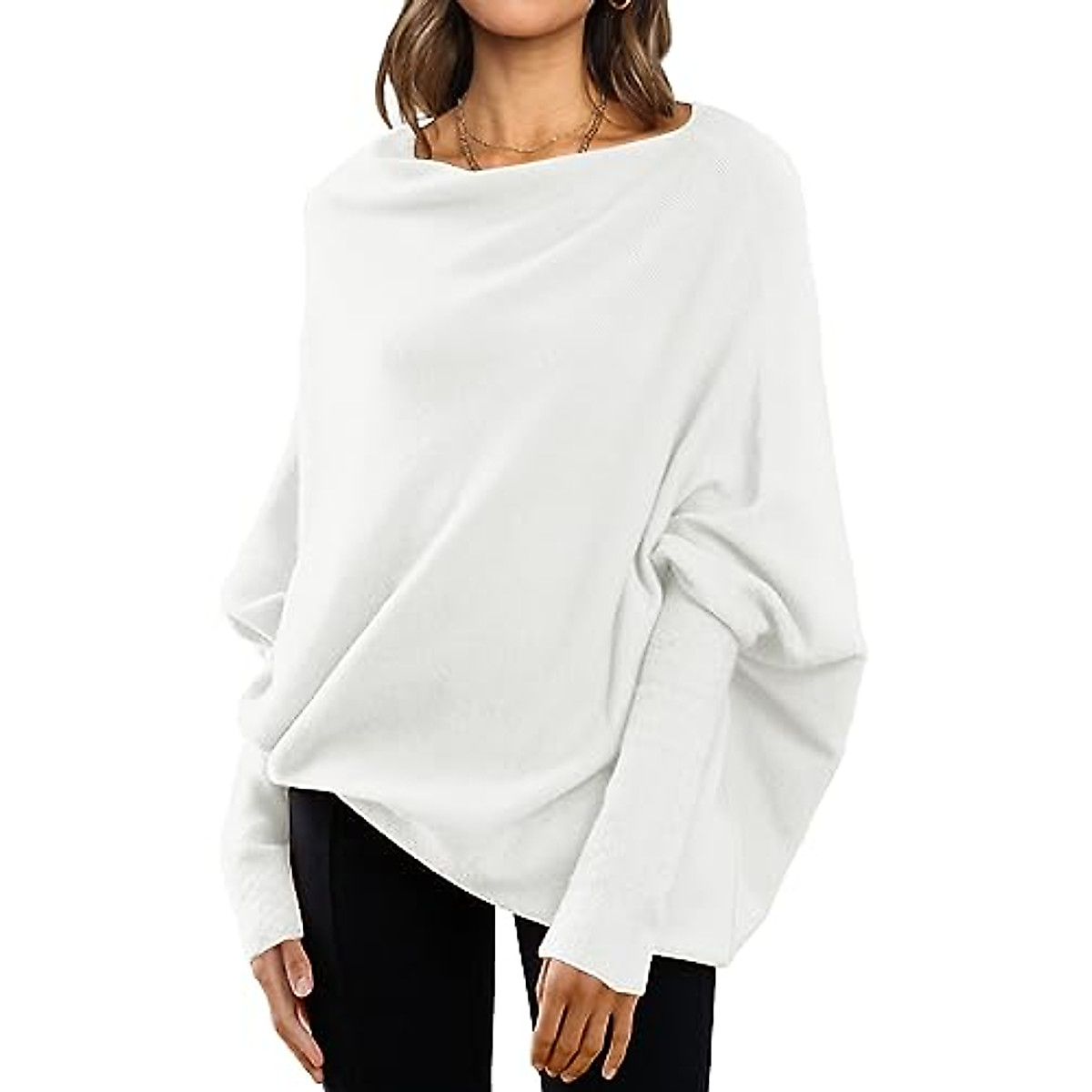 LILLUSORY Womens 2023 Fall Long Batwing Sleeve Off Shoulder Tunic Tops Oversized Crewneck Lightweight Slouchy Pullover Sweaters White