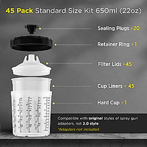 InoKraft Disposable Paint Sprayer Gun Cup, Paint System for HVLP and LVLP Paint Spray Paint Gun, Standard 22 Ounce (650ml) Kit with 45 Cups and Lids System, 1 Hard Cup with Retainer Ring and 20 Plugs