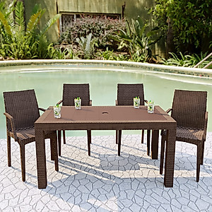LeisureMod Hickory Weave Indoor Outdoor Patio Dining Side Armchair Set of 4 (Brown)