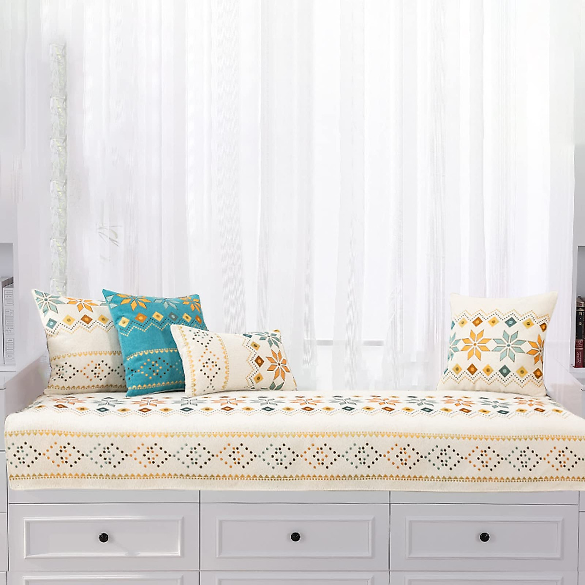 JeogYong Boho Bay Window Mat Non-Slip Bay Window Cushion Pads, Window Seat Cushions Indoor Boho Decor, Bohemian Chenille Windowsill Bench Seat Cushion for Indoor Sofa Decor Home Bedroom Living Room