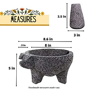 YOPIDO MX Molcajete 9 inch with Pig Design; Spice Mortar; Made with Volcanic Stone; Molcajete Handmade in México; Guacamole and Salsa Maker; Includes Pestle Stone