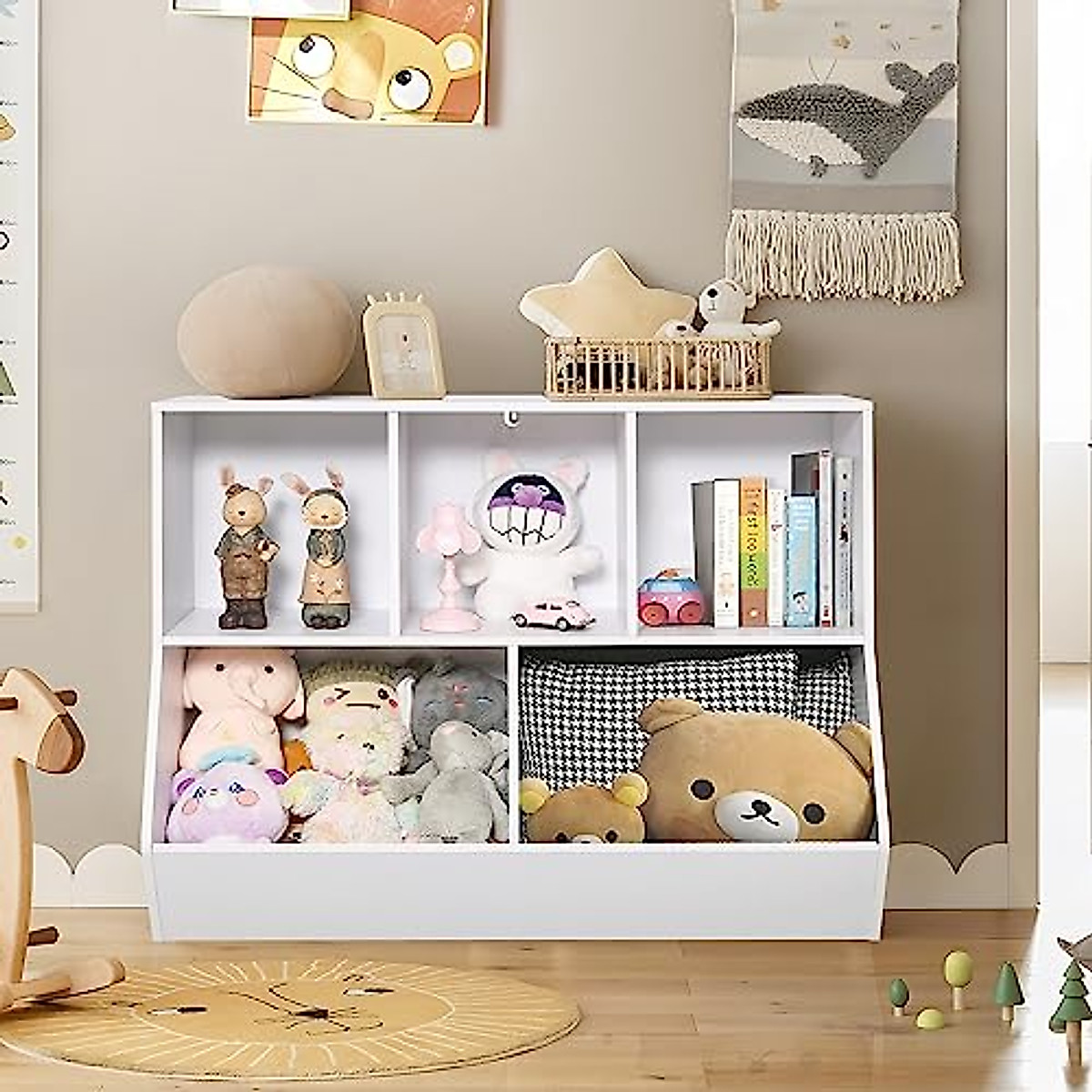 Iwell Toy Storage Cabinet with 3 Drawers, Kids Bookshelf, Kids Toy Organizer, 8 Cubicles, Bookcase Footboard, Bookshelf for Kids, for Playroom, Bedroom, Nursery, School, White