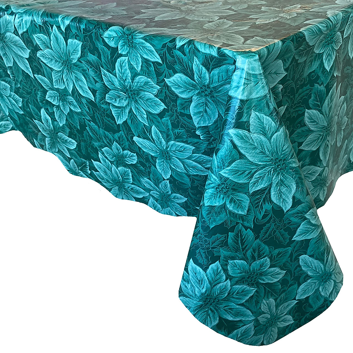 Newbridge Hunter Green Poinsettia Scroll Vinyl Christmas Tablecloth with Flannel Backing, Poinsettia and Holly Damask Look Vinyl Flannel Back Tablecloth, 60” x 102” Oblong/Rectangle