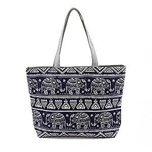 TOPASION Elephant Tote Bag with Zipper Inner Pocket, Reusable Grocery Shoulder Bag, Beach Bag Shopping Bag for Women (Blue Elephant)