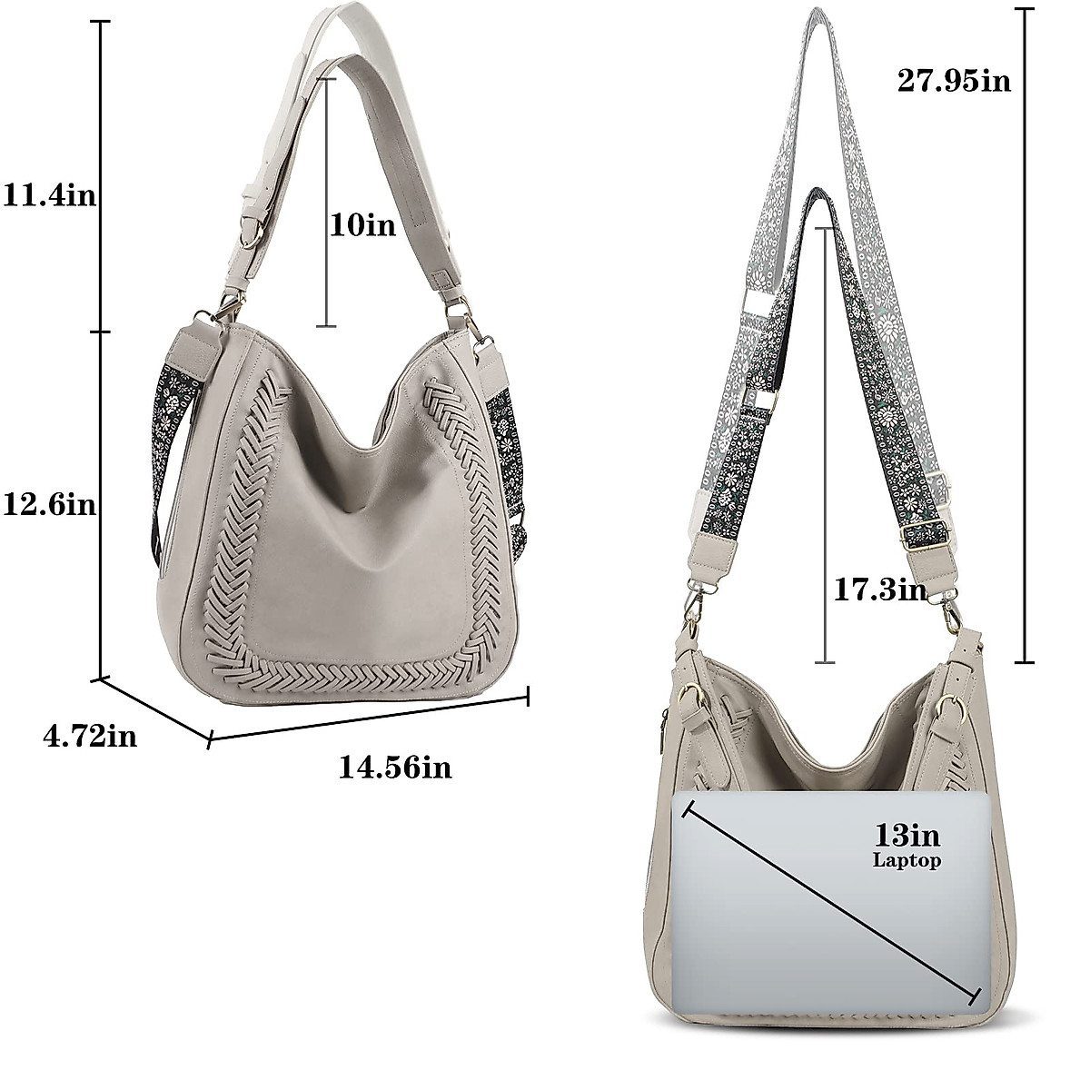 EMBRUNIOICE Large Hobo Bags for Women, Vegan Leather Hobo Purse and Handbag with Adjustable Guitar Strap, Ladies Crossbody Shoulder Bag (Light Grey)