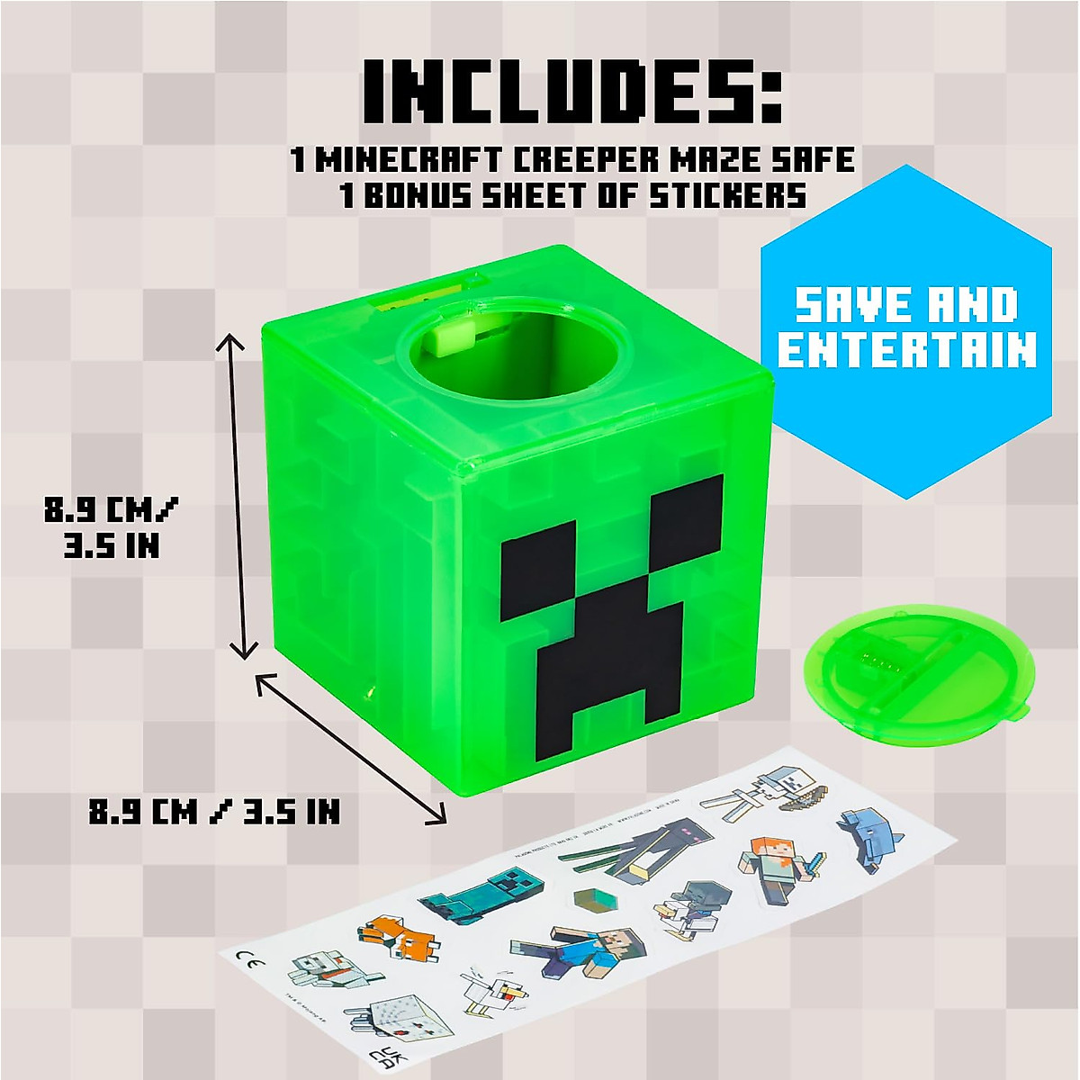 Paladone Minecraft Creeper Maze Safe, Complete The Maze to Unlock Money, Fun Minecraft Block Collectible Toy and Piggy Bank for Kids, Comes with Decorative Stickers