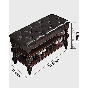 E EYOUPINO Storage Bench Vintage Solid Wood Shoe Bench 3 Tier Wooden Entryway Bench Shoe Rack with Leather Cushion Seating Brown (31.5’’)
