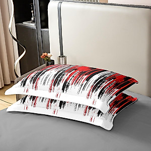 Feelyou Red White Black Bedding Duvet Cover 100% Cotton Set Stripes Reversible Bedding Set Geometric Comforter Cover Set for Room Decor Modern Abstract Art Bedspread Cover Twin Size With 1 Pillow Case