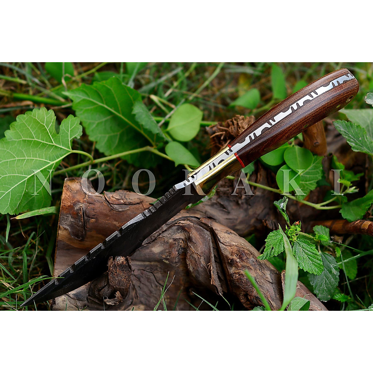 Nooraki - 11 inch | Custom Handmade Damascus Tracker Knife with Brown Micarta Handle Hunting knife, Camping knife, Bushcraft Knife, Survival Knife - Full Tang Fire Pattern With Sheath #332