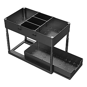LONONE Black Under Sink Organizer Metal Under Sink Organizers and Storage 2 Tier Sliding Cabinet Organizer Pull Out Shelves Under Kitchen Sink