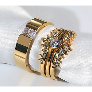 ringheart 2 Rings Couple Rings Three stone Yellow Gold Plated Cz Womens 3pcs Wedding Ring Sets Titanium Steel Men Wedding Bands