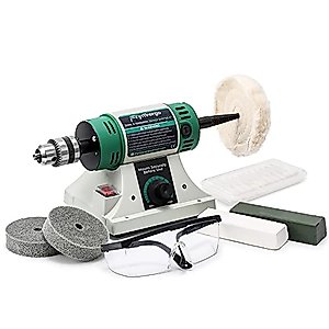 Flyrivergo Bench Buffer, Jewelry Polisher, Adjustable Variable Speed Bench Polisher, with 2 Cotton Wheels, 2 Fiber Wheels, 1 Drill Chuck and 1 Set of Polishing Buffing Wheel