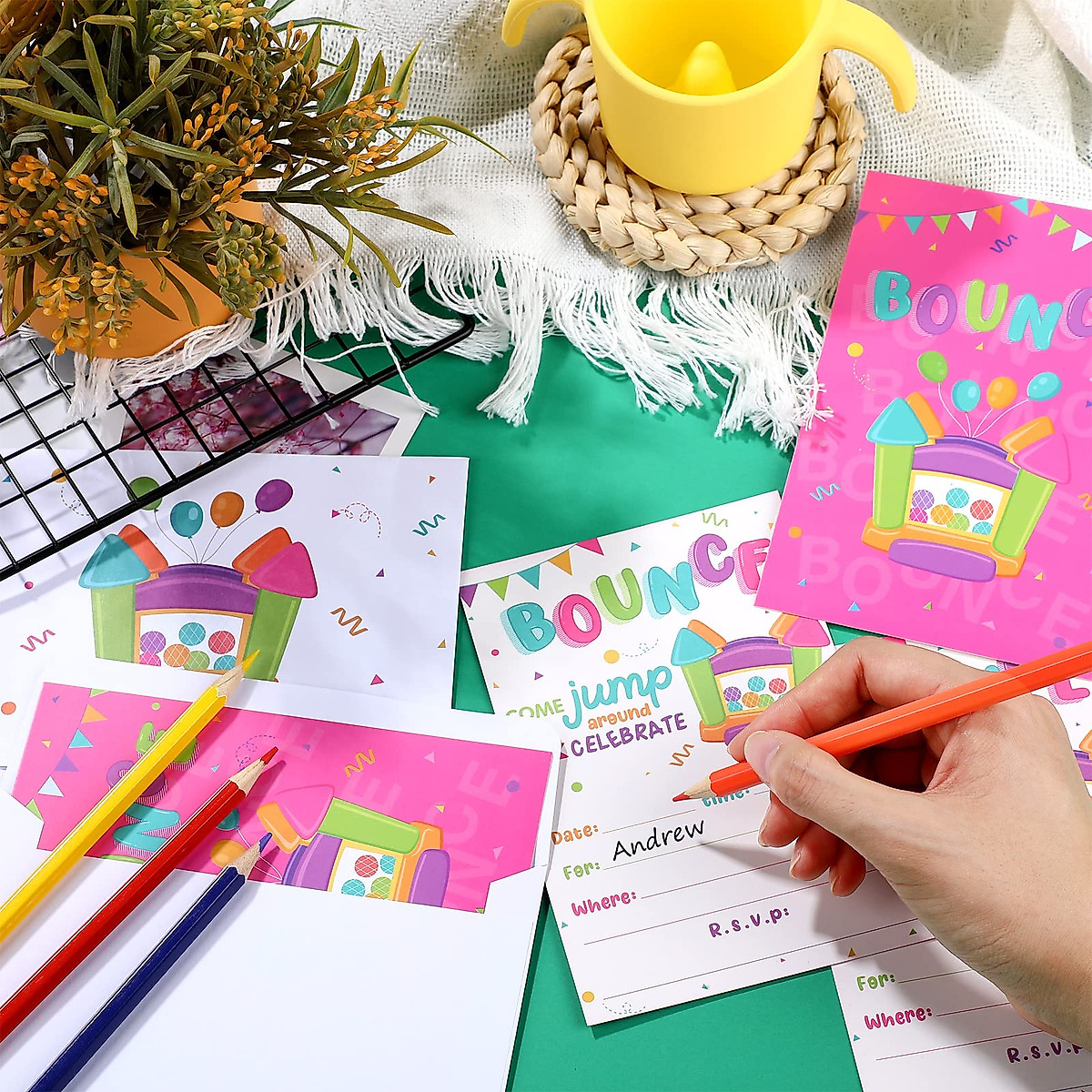 Nezyo 30 Count Bounce House Birthday Invitations Jumping Party Invitations Bounce Graduation Birthday Party Invite Card with 30 Castle Envelopes for Boy Girl Trampoline Jump Birthday Party(Pink)