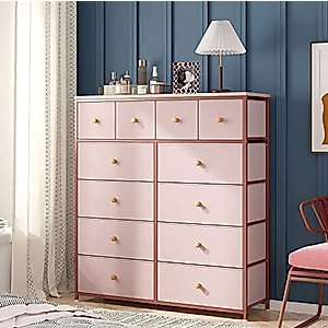 EnHomee Pink Dresser for Girls Bedroom with 12 Drawers Girls Dressers for Bedroom Pink Chest of Drawers with Wood Top, Metal Frame, Tall Dressers for Bedroom, Closet, Nursery, Living Room Pink
