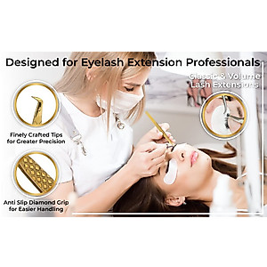 M LASH Tweezers for Eyelash Extensions (Set of 4) - Professional Lash Extension Tweezers - Fiber Tip, Japanese Steel, Diamond Grip Eyelash Extension Tweezer (Blue)