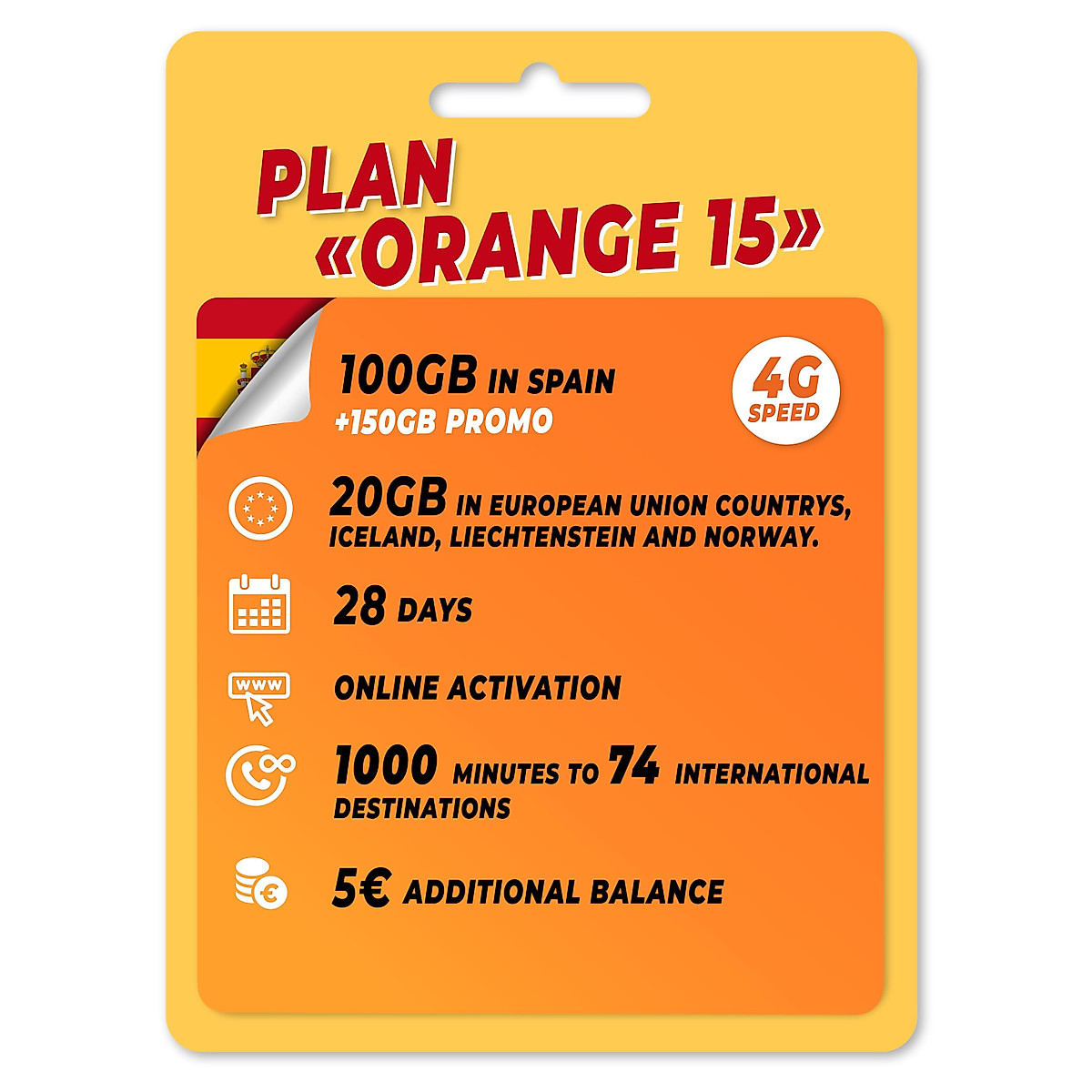 SIM Orange - 100GB Prepaid SIM Card Spain| 5€ Balance | 800 Minutes for Calls to The US and More Than 50 Countries | 16GB in Europe| Activation Online only at www. tourtech.Shop