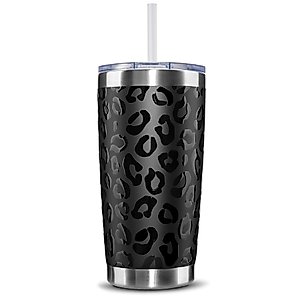 CIVAGO 20oz Insulated Stainless Steel Tumbler, Coffee Tumbler with Lid and Straw, Double Wall Vacuum Travel Coffee Mug, Powder Coated Tumbler Cup for Hot and Cold Drinks (Black Leopard, 1 Pack)
