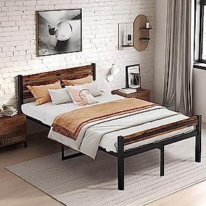 AWQM 14 Inch Full Bed Frame, Metal Platform Full Size Bed Frame with Wood Headboard and Footboard, No Noise, No Box Spring Needed, Bed Central with Extra Metal Support, More Sturdy, Rustic Brown+Black