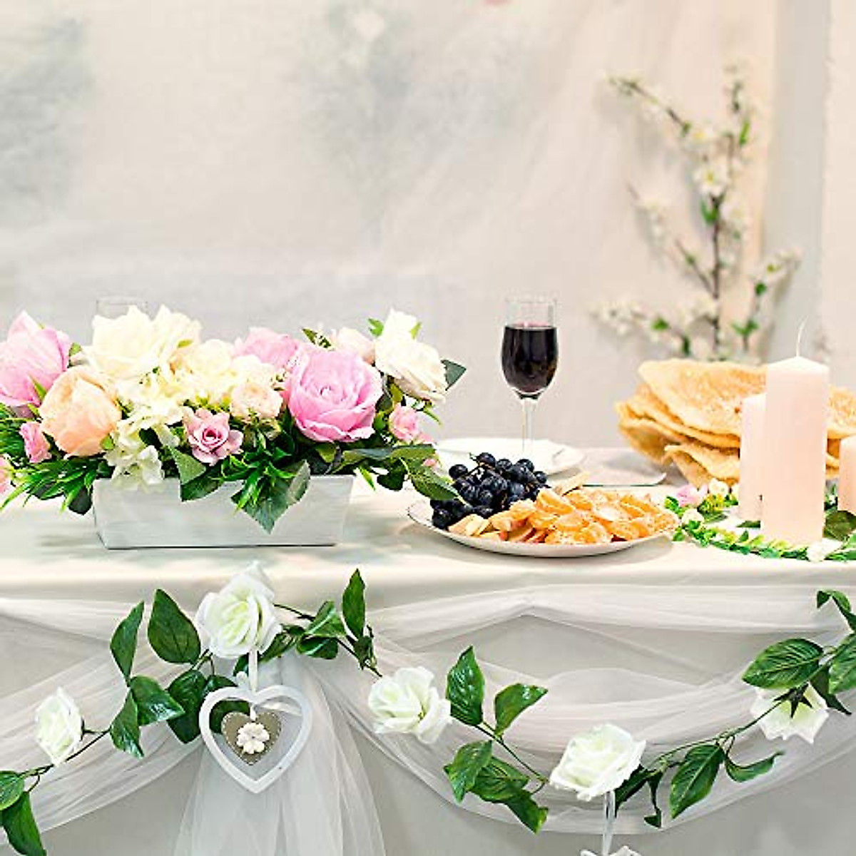 LikSoor 4 Pcs 28Ft Flower Garland White Fake Roses Vines Bedroom Aesthetic Spring Summer Hanging Artificiales para Decoracion for Room,Tea Party,Wedding Arch Decor…