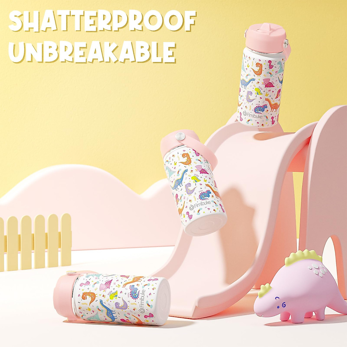 Fimibuke Kids Insulated Water Bottle - 14oz BPA-FREE Double Wall Vacuum Tumbler 18/8 Stainless Steel Leak Proof Cups with Straw Metal Bottle for School Boy Girl (2 Pack, UNICORN+WHITE DINOSAUR)