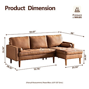 XIZZI L Shaped Couch for Living Room,83" Mid Century Modern Sofa with Right Chaise,Suede Fabric 3-Seat Solid Wood Frame Couches for Apartment,Office and Small Space,Brown