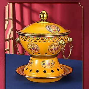 Chafing Dishes Single Person Small Hot Pot Cloisonne Copper Hot Pot, Commercial Household Cooking Pot, Anti Scalding Handle (Color : Yellow, Size : 20.5 * 25cm)