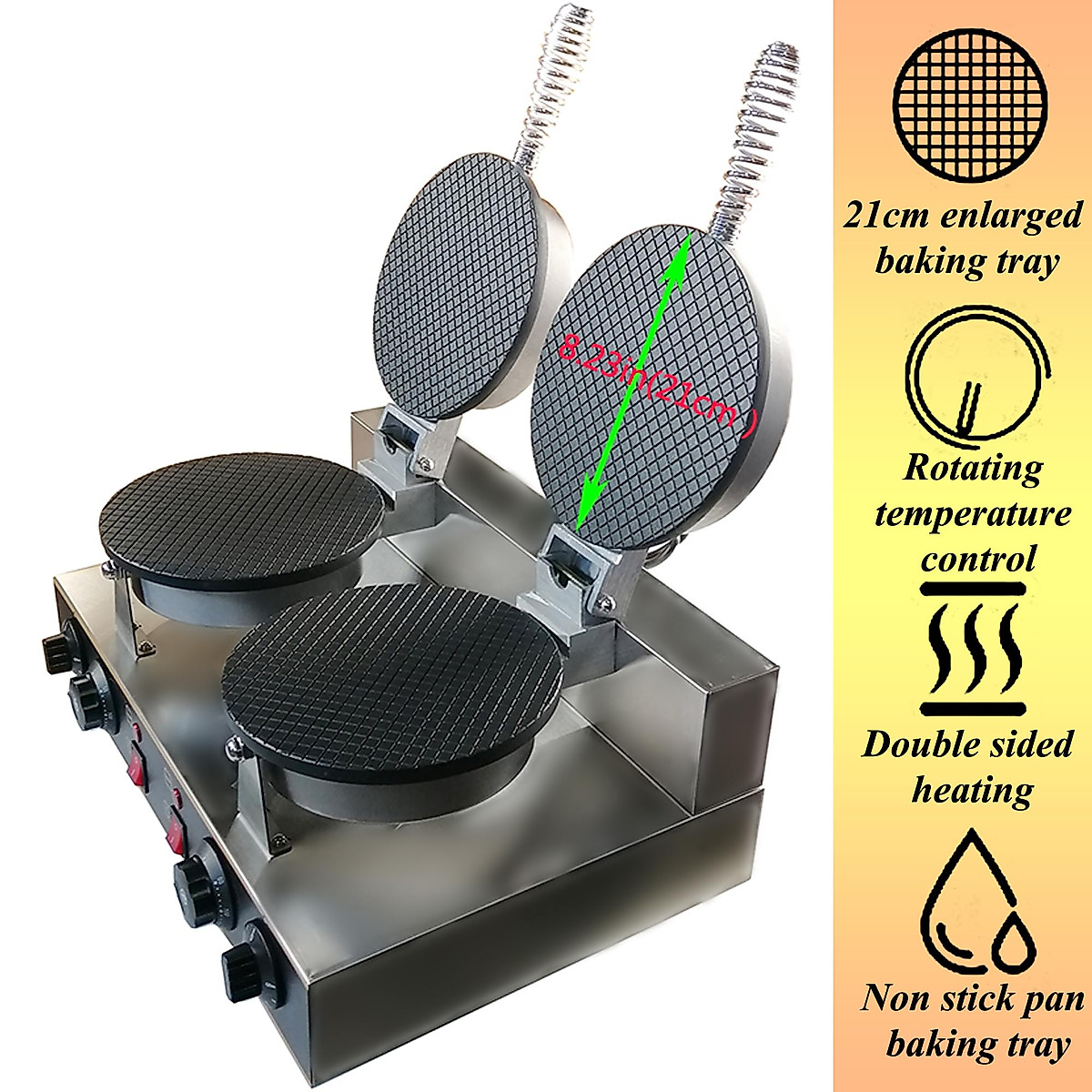 HQHAOTWU Ice Cream Cone Maker Electric Ice Cream Cone Waffle Maker Machine Nonstick Ice Cream Waffle Roll Maker Stainless Steel Egg Roll Maker Waffle Cone Machine Time Control Double Head 110V