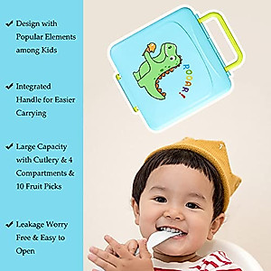 Bento Lunch Box Kids Children, Lunchbox with 4 compartments, Spoon, Fork and Fruit Picks, Blue Food Containers for Boys, Daycare/Travel/School, Leak-Proof, BPA-Free, Microwave/Dishwasher/Freezer Safe