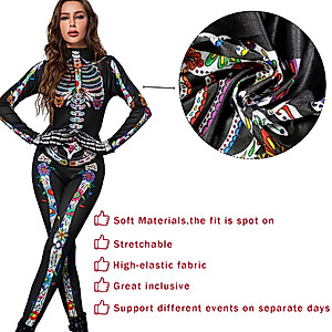 Joyful Start 3D Women'S Skeleton Costume Halloween Sugar Skull Costume Halloween Women Skeleton Bodysuit Jumpsuit Day Of The Dead Costumes L