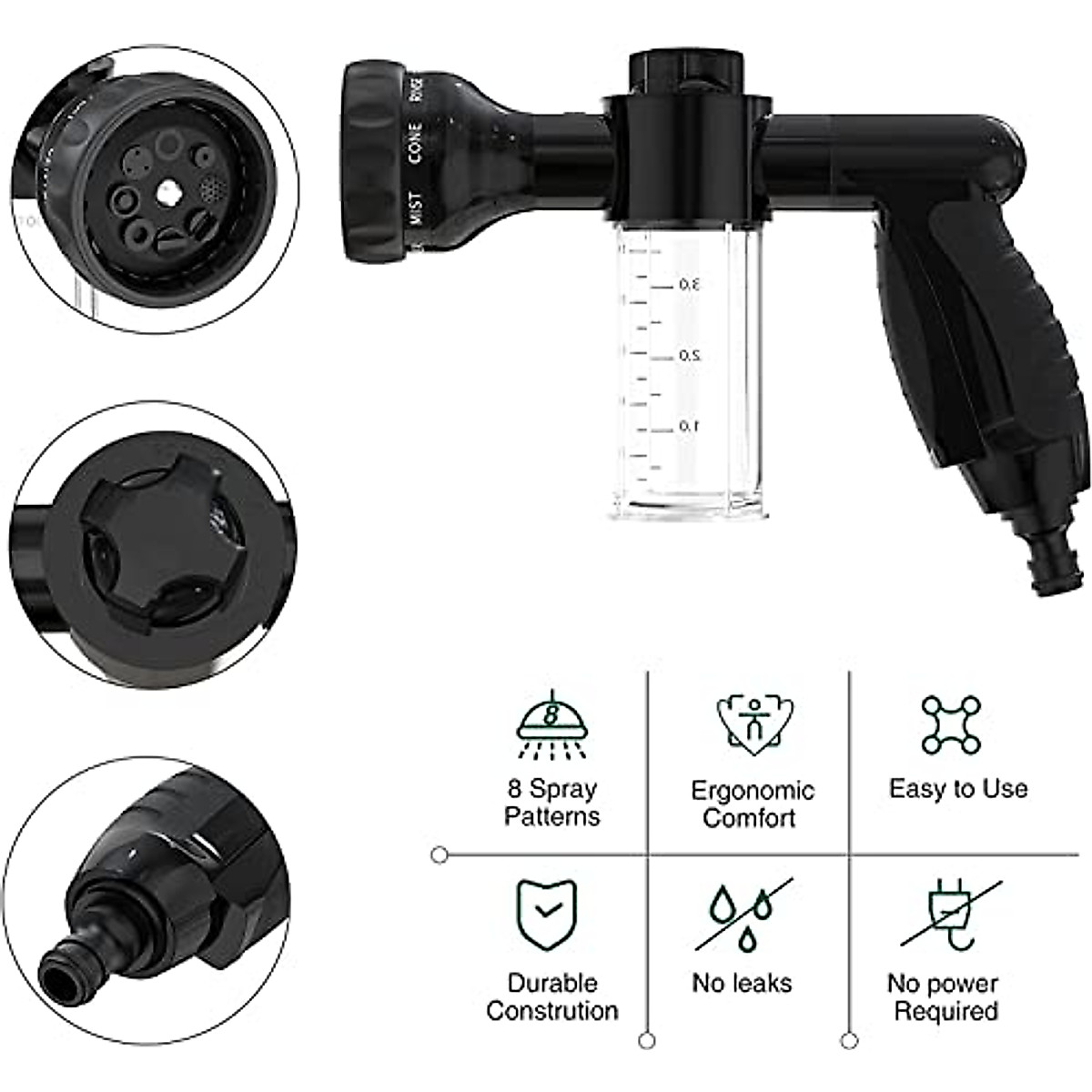 Garden Hose Nozzle, High Pressure Spray Gun Nozzle, 8 Spray Patterns for Watering Plants, Lawn, Patio, Cleaning, Showering Pet with 3.5oz/100cc Soap Dispenser Bottle